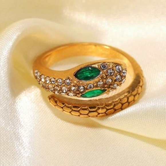 Anthropologie | Jewelry | 8k Plated Gold Green Snake Ring | Poshmark